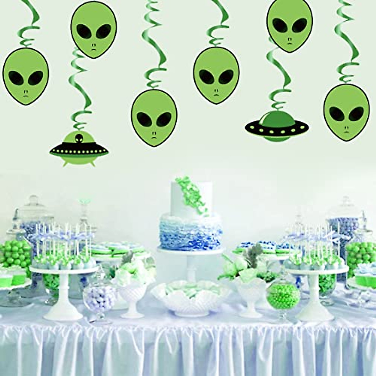 Swirls & Cutouts Green Alien Theme Hanging Swirl Decorations UFO Theme Ceiling Whirl Streamer Hanging Cutouts Alien Invasion for Kids Girls Boys Birthday Baby Shower First Birthday Party Supplies