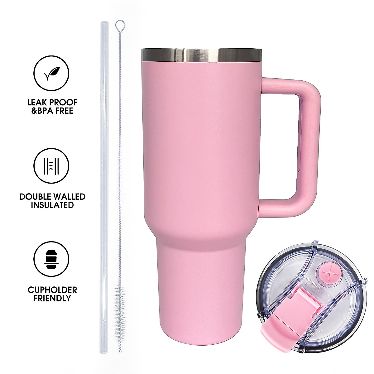 Yerivei 40 oz Tumbler with Handle and Straw Lid,Insulated Reusable Stainless Steel Water Bottle Travel Mug，Cupholder Friendly Double Wall Vacuum Sealed Cup (Pink)