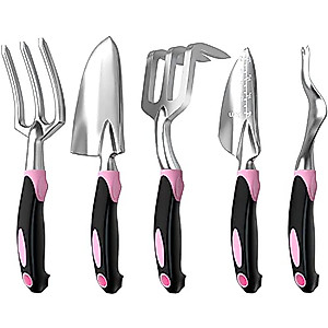 Garden Tool Set SOYUS Heavy Duty 5 Piece Gardening Kit Aluminum Alloy Garden Spade Shovel for Digging Hand Trowel Weeder Cultivator Rake with Ergonomic Non-Slip Girp Pink Garden Tools Gifts for Women