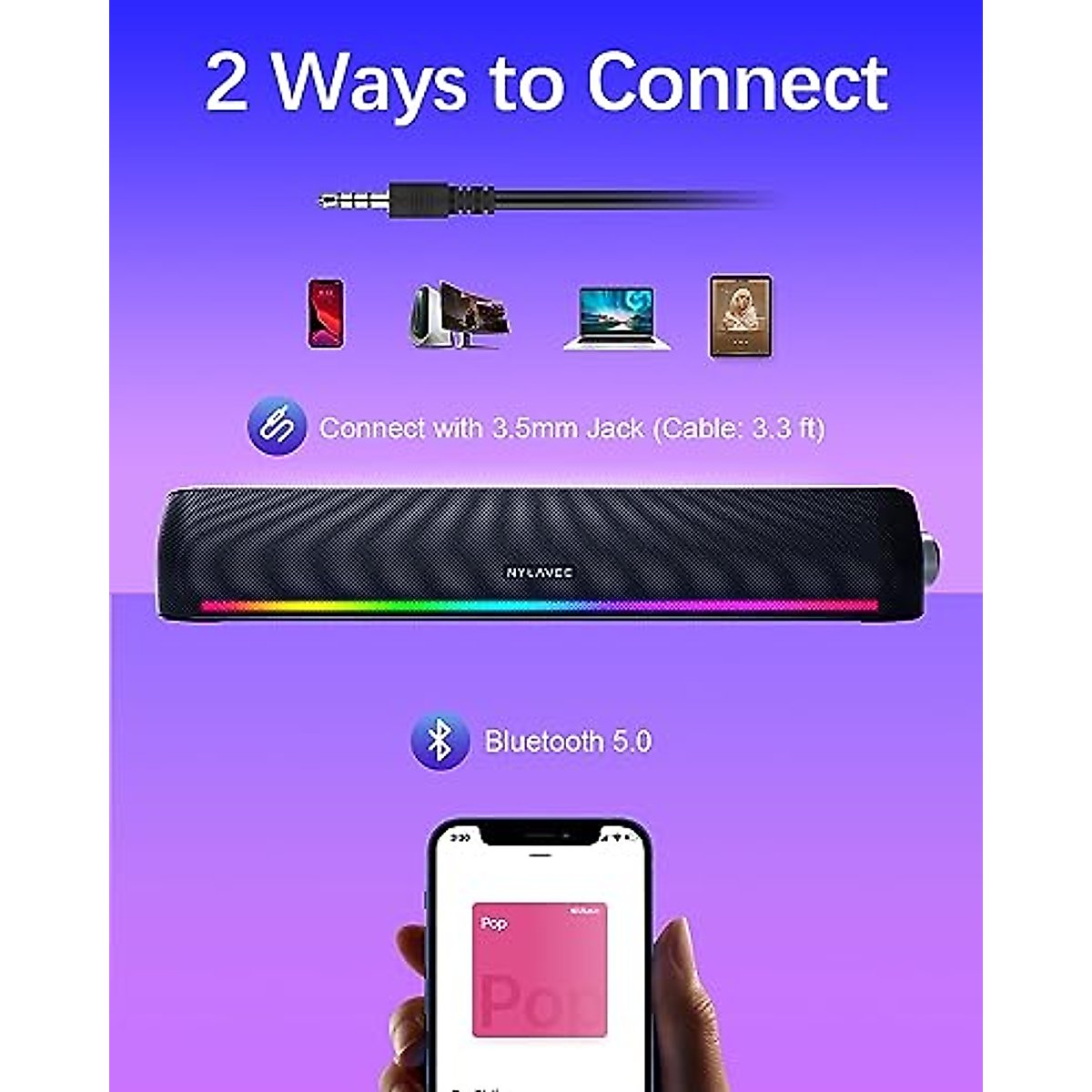 Computer Speakers, Hi-Fi Sound Quality Computer Sound Bar, Bluetooth 5.0 & 3.5mm Wired PC Speakers with 4 Dynamic Lighting Modes, USB Powered Speakers for PC, Desktop, Laptops, Phones, Monitors, Xbox