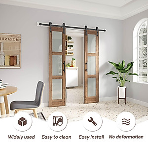 FREDBECK Double 18 x 84 inch Glass Barn Doors 36inch Barn Door with 6.6FT Hardware Kit & Handle Included,3-Panel Frosted Glass,LVL Wood Panel,Water-Proof PVC Surface,Pre-Drilled Holes,Need Assembly