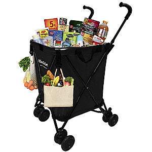 EasyGo Grocery Shopping Cart Laundry Basket Rolling Utility Cart with Wheels – Removable Canvas Bag, Versa Wheels & Rear Brakes - Easy Folding 120lb Capacity – Copyrighted, Black