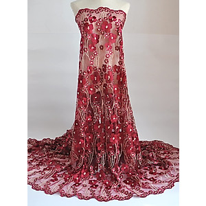 SanVera17 Manual Beading Glitter Stone African Lace Net Fabrics Nigerian Fabric Embroidered and Guipure Cord Lace for Party Wedding (Dark Red) 5 Yards