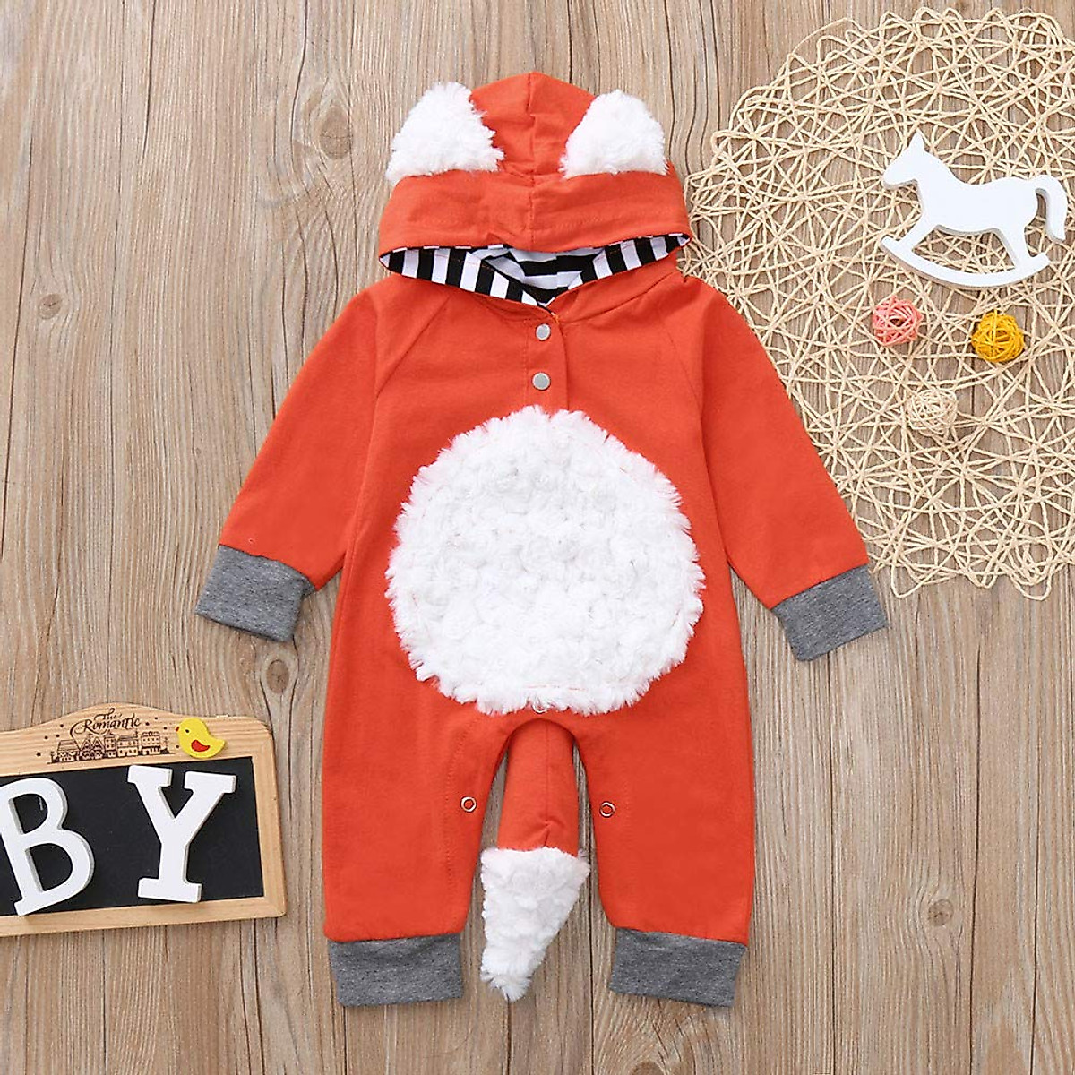 Infant Toddler Baby Boy Girl Hooded Romper Bodysuit Long Sleeve 3D Cartoon Fox Jumpsuit Outfits Set