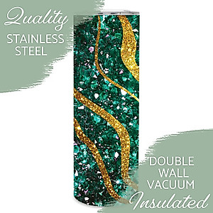 Elanze Designs Emerald Green & Shimmer Gold Sparkle Gemstone Wrap-Around Design 20 Ounce Stainless Steel On-The-Go Coffee Travel Insulated Skinny Tumbler Mug Cup with Slide Top Lid