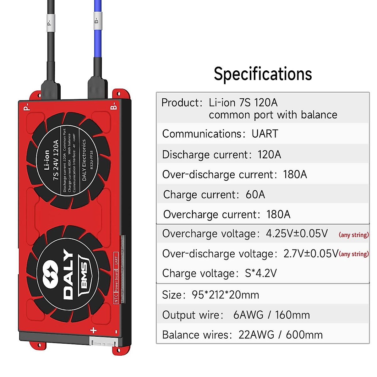 DALY Smart BMS 24V L-ion 7S 120A with Bluetooth Module Resetting Program Common Port for DIY Lithium Battery Pack(Smart BMS,120A)
