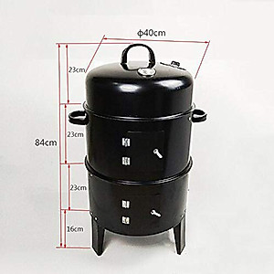 无 3 in 1 Round Charcoal BBQ Grill & Smoker, with Thermometer and Air Vent, Outdoor Grilling and Cooking, 84 x 40cm- Black