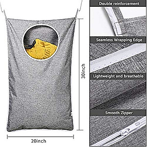 KEEPJOY Hanging Laundry Hamper Bag with Free Adjustable Stainless Steel Door 2 PCs Suction Cup Hooks, Best Choice for Holding Dirty Clothes and Saving Space, Grey