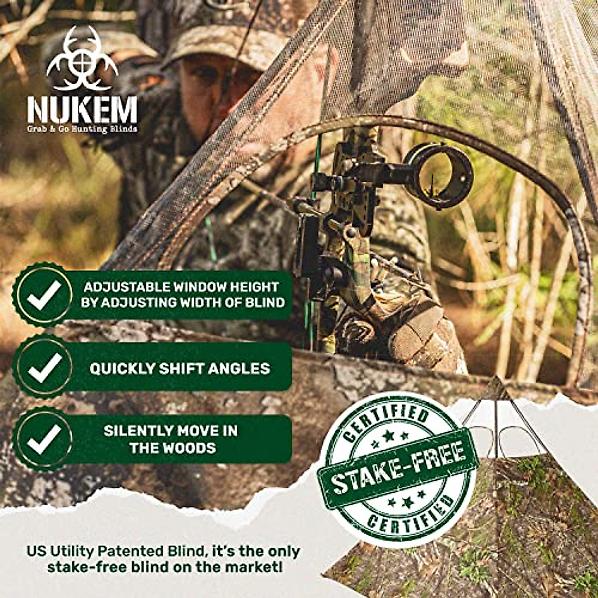 Nukem Grab & Go Hunting Ground Blind - TrueTimber HTC Green - Lightweight Stake-Free Pop Up Turkey & Deer Blind (Standard)