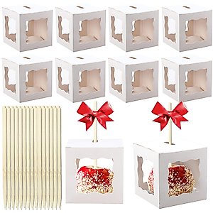 Sliner 100 Sets 4 x 4 x 4 Inch Kraft Candy Apple Boxes with Holes Candy Apple Sticks Caramel Apple Boxes Apple Container Chocolate Apple Gift Box with Clear Window for Autumn Christmas (White)