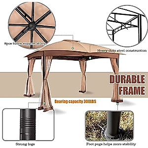 Gazebo for Patio, FAB BASED 10x12 Gazebo, Double Vent Canopy Gazebo, Outdoor Gazebo with Privacy Netting, Easy Setup Patio Pavilion with Steel Frame Strong Legs for Lawn, Backyard, Deck (Khaki)