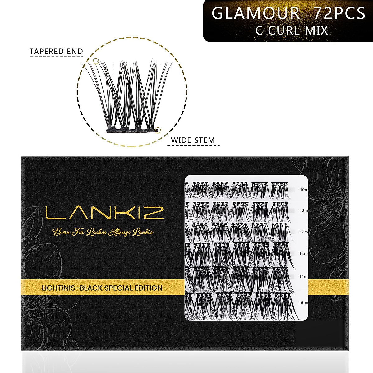 LANKIZ DIY Eyelash Extension, 72pcs Lash Clusters Individual Lash Extensions, Soft Cluster Lashes, 10-16mm Mix Resuale Lash Extension Clusters