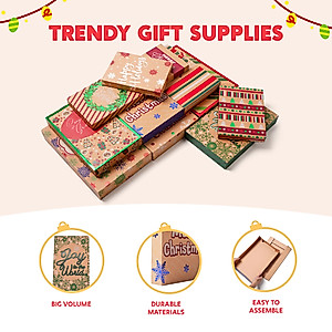 JOYIN 12 Pcs Christmas Aluminum Foil Kraft Paper Gift 3 sizes Boxes with Base, Xmas Shirt Wrap Box, Holiday Present Box for Birthday Party Favors Decorations Gift-Giving, 12 Design