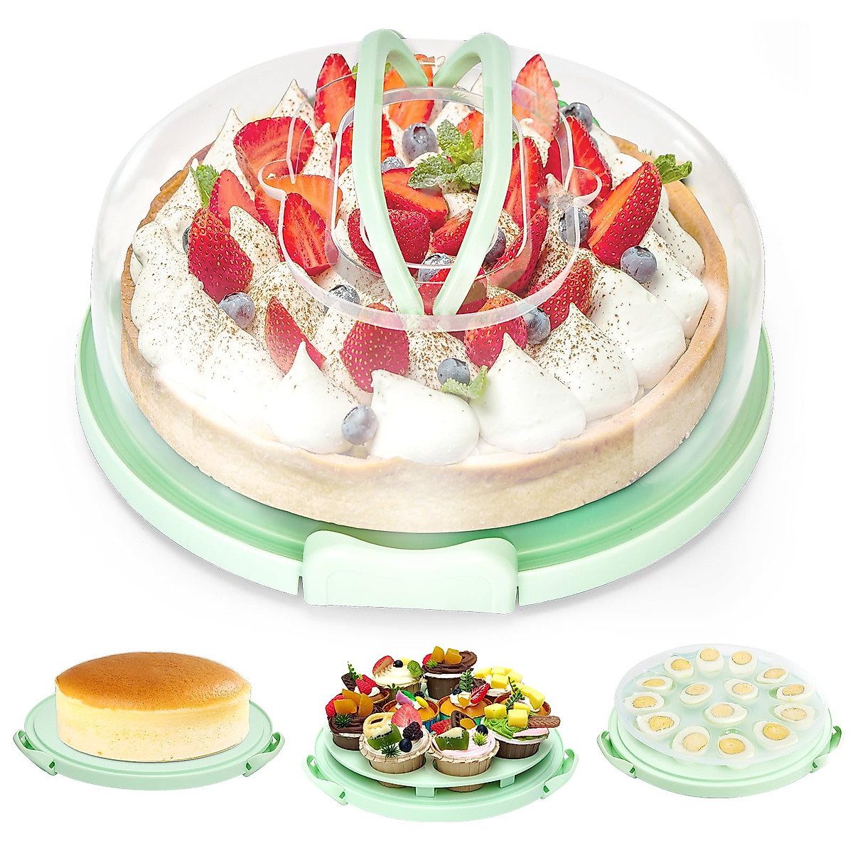 Ohuhu Cheesecake Container, Cake Pie Carrier BPA-Free up to 10'' Cake - Cupcake Containers with Lid and 2 Handles 4-in-1 Multipurpose Cake Keeper Holder Platter for Pie Devil Eggs Mothers Day Gifts