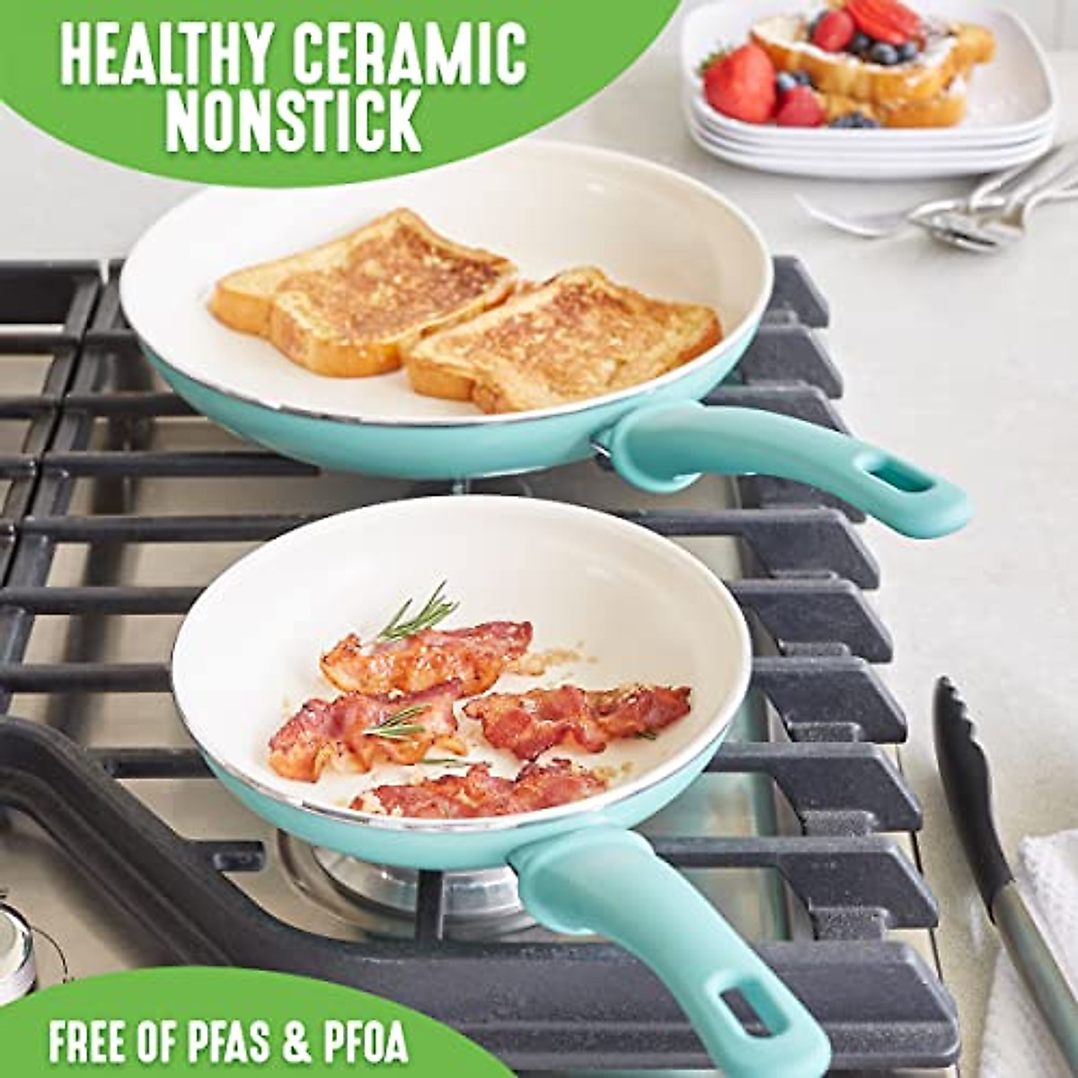 GreenLife Soft Grip Healthy Ceramic Nonstick, 8" 10" and 12" Frying Pan Skillet Set, PFAS-Free, Dishwasher Safe, Turquoise