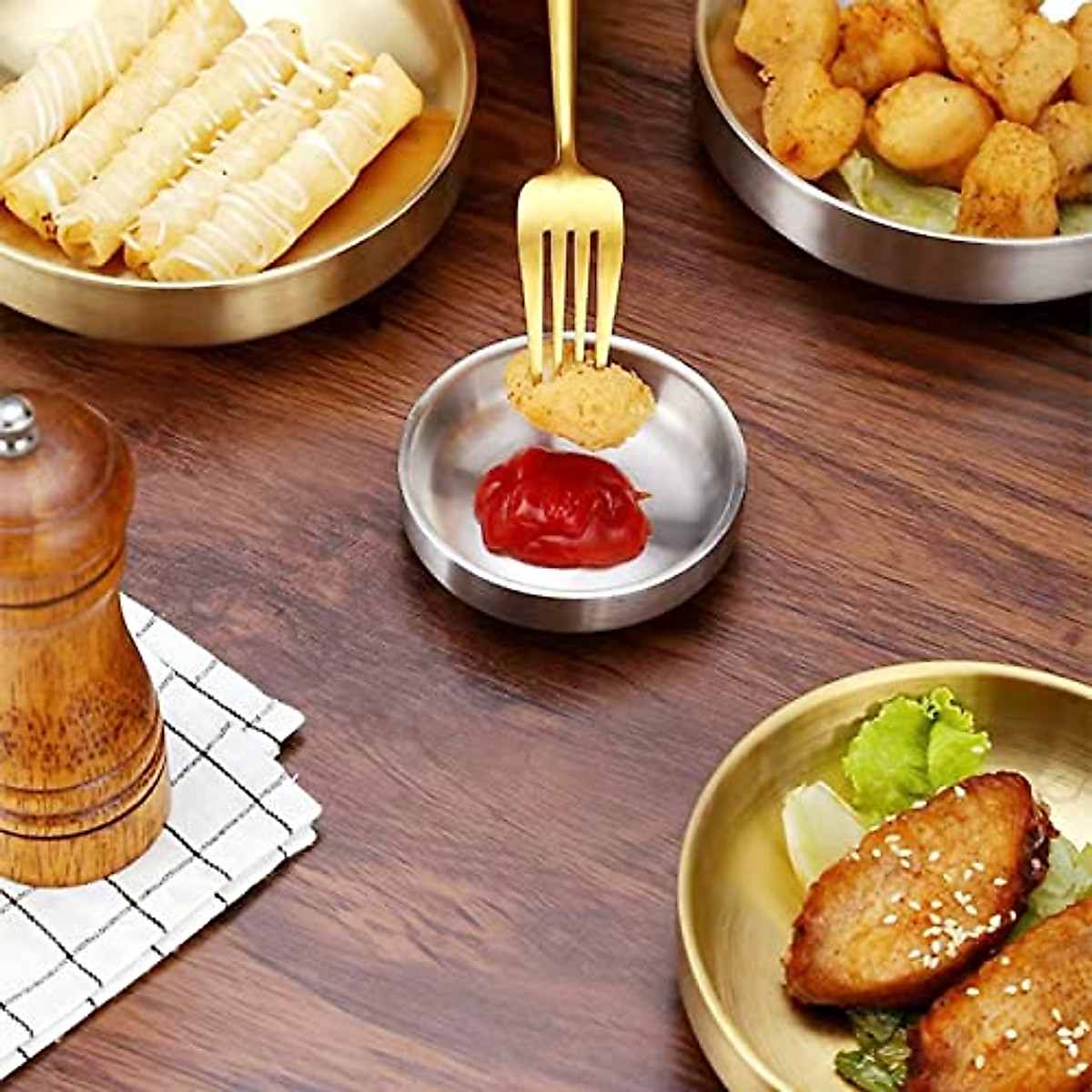 Lomoker 3.5" Double Wall Stainless Steel Soy Sauce Dishes, 3.5 Oz Small Dessert Bowls, Snack Bowls, Prep Bowls, Dipping Sauce Cups, Dishwasher Safe, Set of 4, Silver