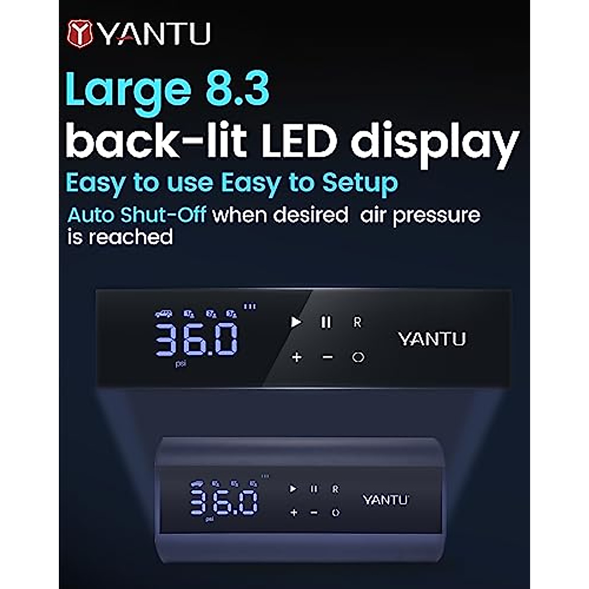 YANTU Cordless Tire Inflator Portable Air Compressor,12V Tire Pump Battery Powered, Dual Cylinder 2X Inflation, Air Pump for Inflatables with 8.3Inch Digital Large Screen for Off-Road/SUV/Pickup