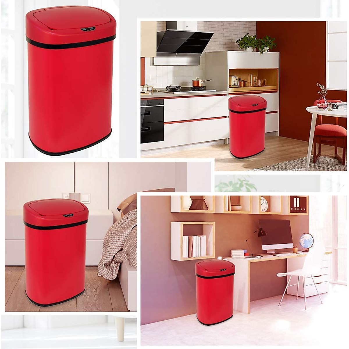 13 Gallon/50L Automatic Kitchen Trash Can with Lid, Touchless Garbage Can, Stainless-Steel Trash Cans Electronic Motion Sensor Smart Trash Bin for Kitchen Office Bathroom, Red