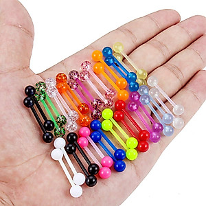 Ftovosyo 14G 16mm Glow in Dark Flexible Acrylic Straight Tongue Nipple Ring Retainer Body Piercing Jewelry for Women Men 36PCS Mix Color Bioflex Plastic Acrylic Nipplering
