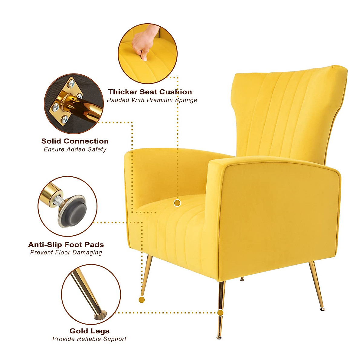 Gustonhon Velvet Accent Chair,Upholstered Wingback Armchair,Modern High Back Single Sofa,Comfy Leisure Upholstered Club Chair Padding Seat with Gold Metal Legs for Living Room Bedroom (Yellow)