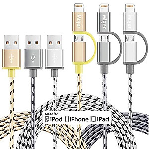 Multi Charging Cable 6.5Ft/2M MFi Certified 2Pack USB A to Lightning/Micro USB Cables 2 in 1 Nylon Braided Charge and Sync Charger Cord for iPhone, iPad/iPod, Huawei, Nexus, Nokia, Sony, HTC & More