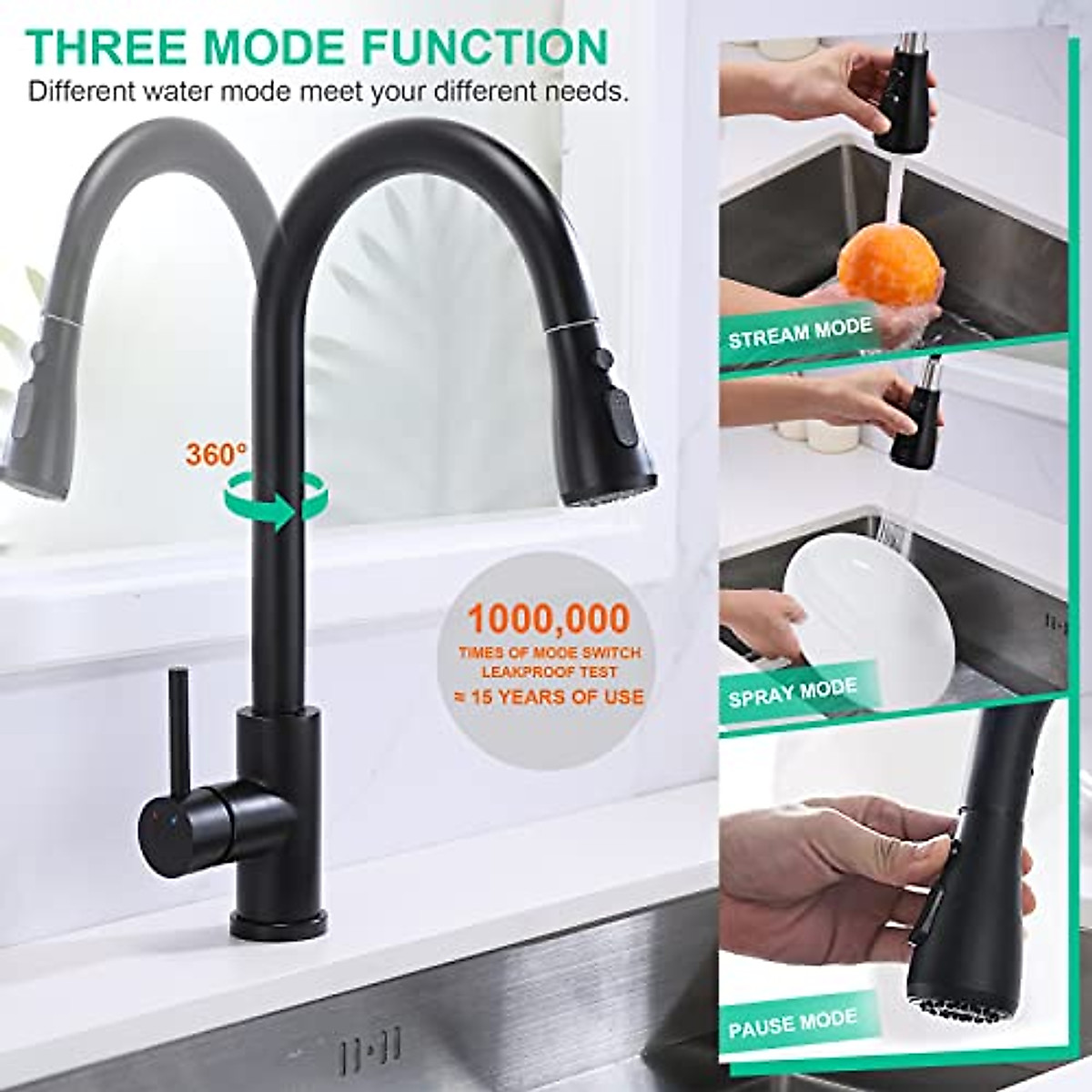 Besworta 3-Way Pull Down Matte Black Kitchen Faucet with 23-Inch Pull Out Hose, Stainless Steel, 3-Water Outlet Modes, PVD Finish, Ceramic Cartridge, 304 SUS