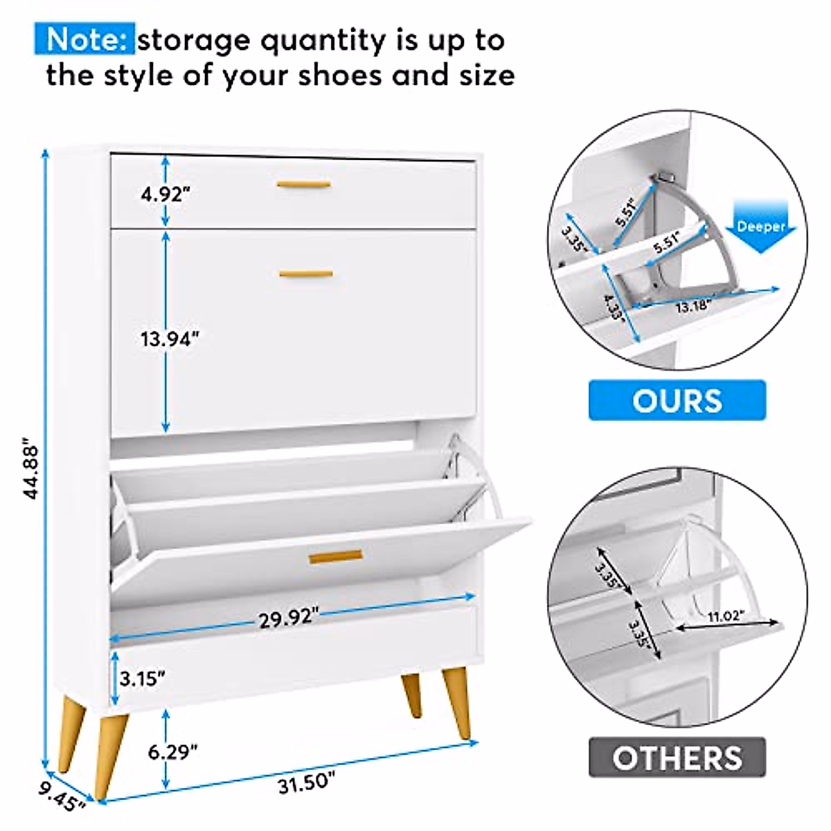 Tribesigns Shoe Cabinet, White Slim Shoe Storage Cabinet for Entryway, Modern 16 Pair Thin Shoe Rack Organizer with 2 Flip Drawers
