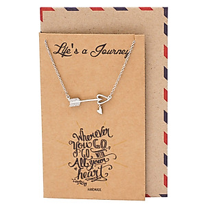quan jewelry Arrow Necklace with Heart Charm Sideways Arrow Pendant, Graduation Gifts Dream Necklace with Inspirational Quote Greeting Card, Adjustable Chain 16" to 18" Silver Tone