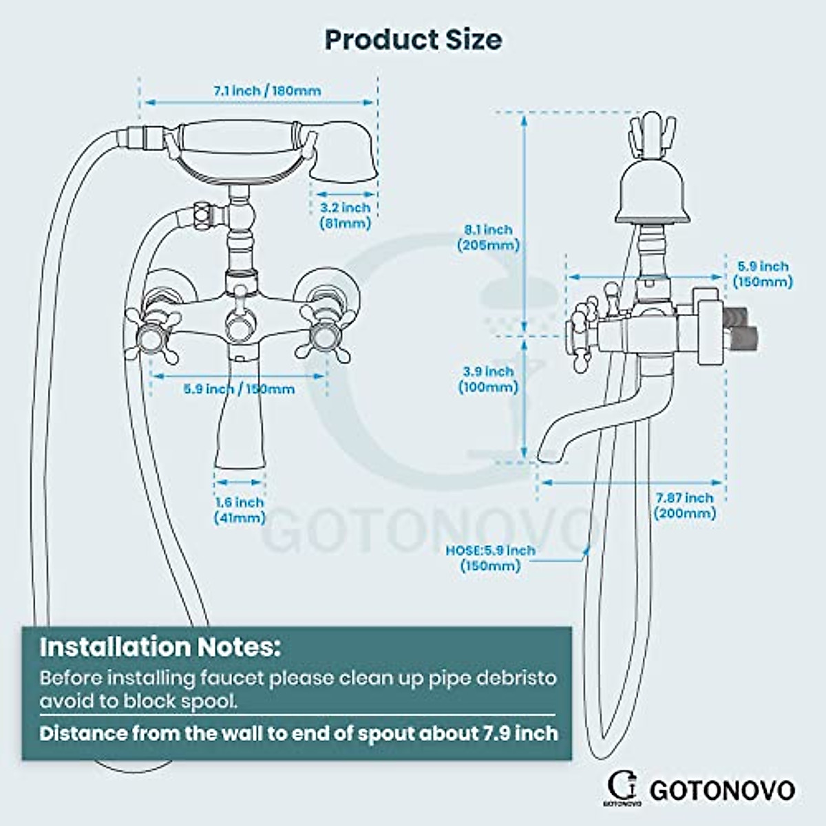 gotonovo Wall Bathtub Faucet Set with HandHeld Shower Spray Antique brass Double Cross Handle 2 Functions Wall Mount 360 Swivel Mixer Tub Filler Spout Vintage Bathroom