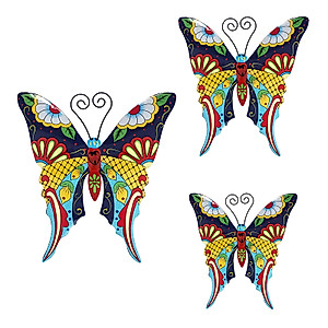 SkiPack BAYN 3PC Metal Butterfly Wall Art Decor, Colorful Mexican Talavera-Style Butterflies Sculpture Wall Hanging Indoor Outdoor for Home, Bedroom, Living Room, Office, GardenrdenGifts