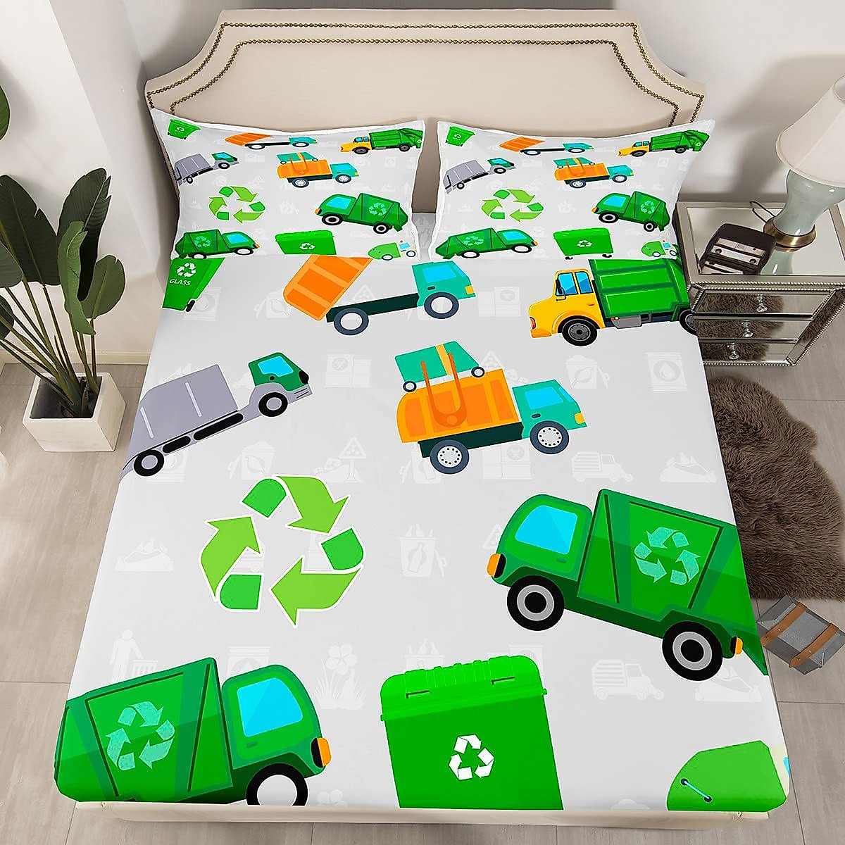 Boys Green Garbage Truck Bed Sheets Set Cartoon Trash Truck Sheet Set for Kids Green Vehicle Car Sheets with Deep Pocket Fitted Sheet Garbage Truck Toy Bedding Set Queen Size With 2 Pillow Case