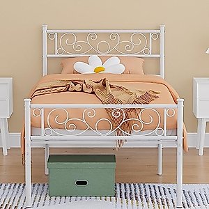 Elephance Twin Size Bed Frame with Headboard and Footboard, Metal Platform Bed Frame with 14 Inch Storage Space Mattress Foundation No Box Spring Needed for Girl Boy White