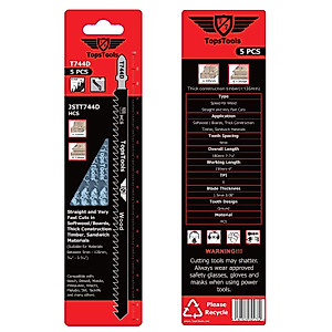 5 x TopsTools JSTT744D T744D 7-1/10" (180mm) Long Clean and Fast Cuts Wood Cutting Jigsaw Blades Compatible with Bosch, Dewalt, Makita, Milwaukee and many more