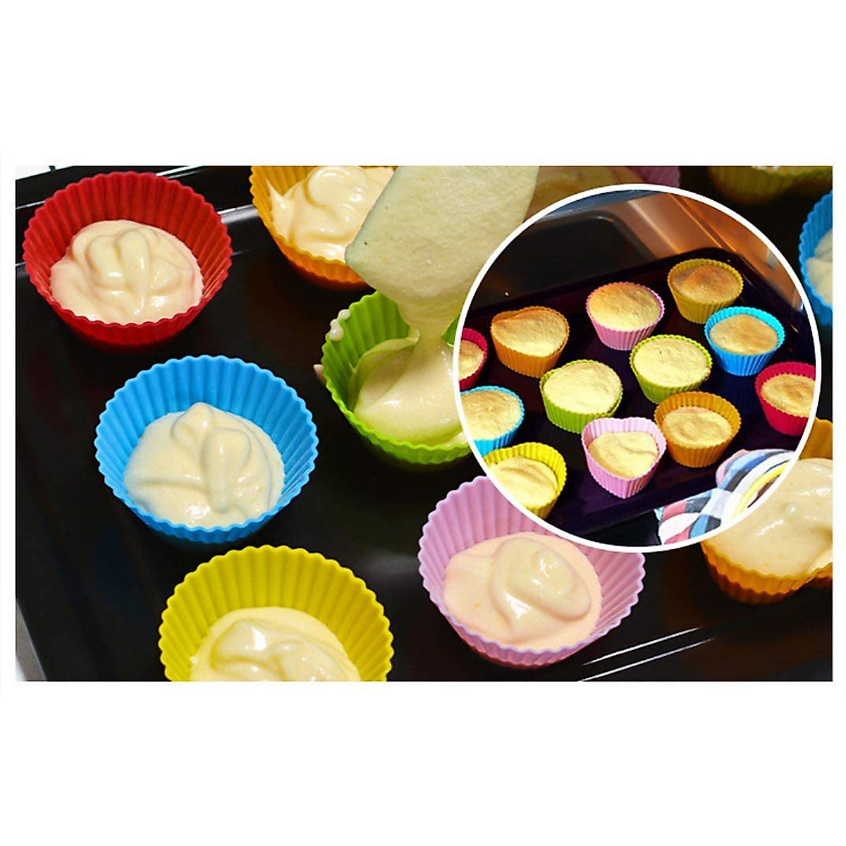 Reusable Silicone Cupcake Baking Cups 24 Pack, 2.75 inch Silicone Baking Cups, Reusable & Non-stick Muffin Cupcake Liners for Party Halloween Christmas,6 Rainbow Colors (Pack of 24,Multicolor)