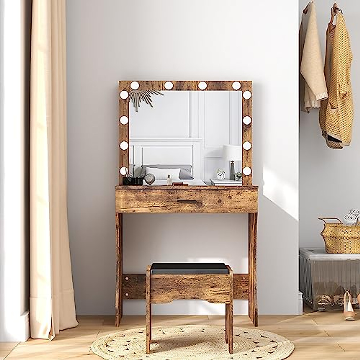 Vanity Desk with Mirror and Lights, Vanity Set Makeup Vanity Table with Adjustable Lights One Drawer Storage Makeup Table with Stool Vanity Desk for Bedroom (Brown)