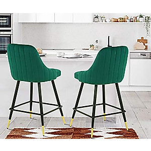 Velvet Counter Stools Set of 2 - Upholstery Barstools Bar Stools Counter Height Stools for Kitchen Island, Modern Bar Chairs Dining Chairs with Back and Arm, Pack of 2 Pieces (Green)