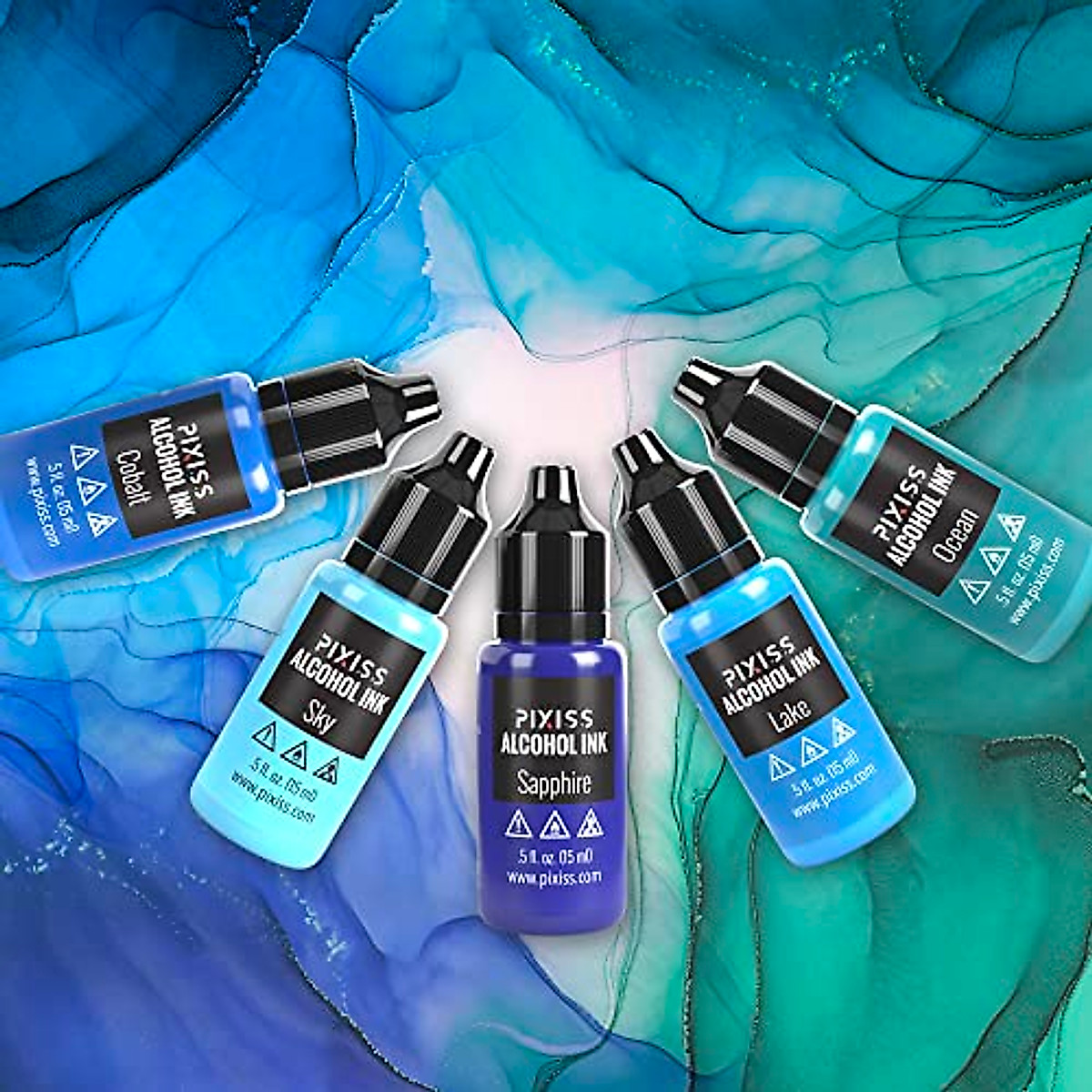 Pixiss Blue Alcohol Inks Set, 5 Shades of Highly Saturated Blue Alcohol Ink, for Resin Petri Dishes, Alcohol Ink Paper, Tumblers, Coasters, Resin Dye