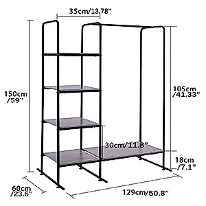 Metal Garment Rack, Free Standing Closet Storage Organizer w/ 5 Shelves & Hanging Bar, Open Wardrobe Rack for Hanging Clothes and Storage, Clothes Rack for Bedroom Living Room Entryway,Black/Dark Brown(Model:2103)