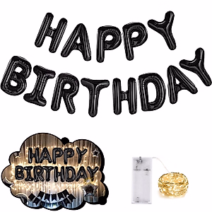 CANREVEL Happy Birthday Banner 13pcs 16 Inch Mylar Foil Letters Sign Balloons with LED Lights Birthday Party Decorations for Kids and Adults - 3D Black