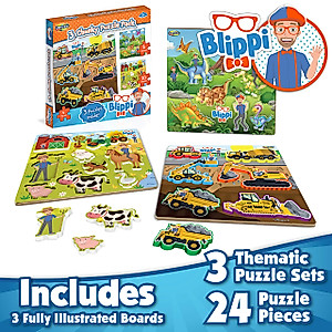 Blippi Toys for Kids by Creative Kids - 3 Chunky Puzzles for Toddlers - Wooden Animal Dinosaur Construction Puzzles - Toddler Puzzles Educational Learning Gifts Wooden Toys for Kids Ages 2+