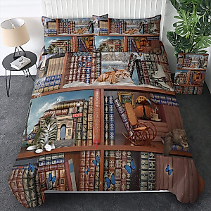 Sleepwish Cat in The Bookshelf Comforter Cover Set, Vintage Animal Pet Bedding Set, Cute Kitten Gifts Duvet Cover Set with Zipper for Kids Teens Boys Girls, 1 Duvet Cover 2 Pillow Cases, 3 Piece King