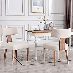 HNY Mid Century Modern Dining Chairs Set of 4, Farmhouse Linen Fabric Upholstered Accent Chair Curved Backrest Kitchen Chairs, with Hardwood Frame, Beige