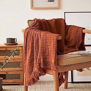 Simple&Opulence Cotton Muslin Throw Blanket for Bed, Couch, Knit Woven Gauze Blanket with Tassels, Soft Lightweight Cozy Pre-Washed Breathable Farmhouse Decoration for All-Season (Rust Orange)