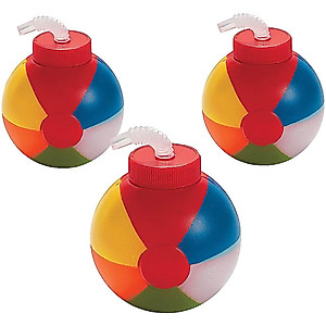 Fun Express Set of 12 Pieces Beach Ball Cups with Straws, Holds 23 oz, Summer Party Supplies, Multi-Color