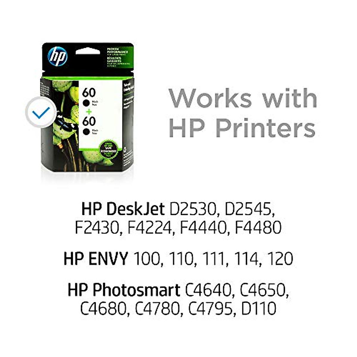 HP 60 | 2 Ink Cartridges | Black | Works with HP DeskJet D2500 Series, F2430, F4200 Series, F4400 Series, HP ENVY 100, 110, 111, 114, 120, HP Photosmart C4600 Series, C4700 Series, D110a | CC640WN