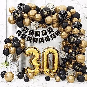 30th Birthday Decorations for Him Men , Black and Gold 30th Birthday Balloons Party Decorations with 30th Happy Birthday Banner，Black and Gold Balloons Black Gold Decor for 30th Birthday Party