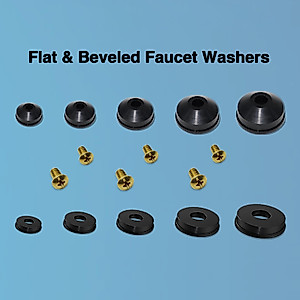 ZDBB 96 pcs Flat and Beveled Faucet Washers and Brass Bibb Screws Assortment for Use with Assorted Quick-Opening Style Faucets Stem Worn Out Washer Replacements Black
