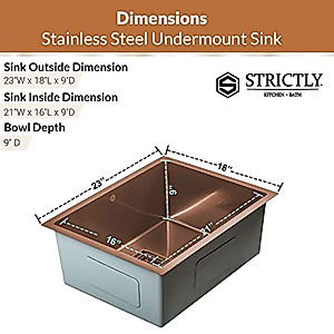 Strictly Sinks 23 Inch Undermount Kitchen Sink – Gunmetal Copper Single Bowl 16 Gauge Stainless Steel Bar Prep Kitchen Sink Scratch & Stain Resistant – With Single Strainer Square Drain & Bottom Grid