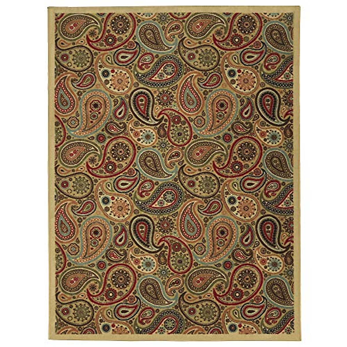 Machine Washable Paisley Design Non-Slip Rubberback 5x7 Traditional Area Rug for Living Room, Bedroom, Kitchen, 5' x 6'6", Beige