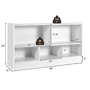 SILKYDRY 5 Cube Storage Organizer, 2-Tier Horizontal Bookshelf, Wooden Display Book Shelves for Home Office Classroom, Low Bookcase Under Window (White, 44” x 12” x 24”)